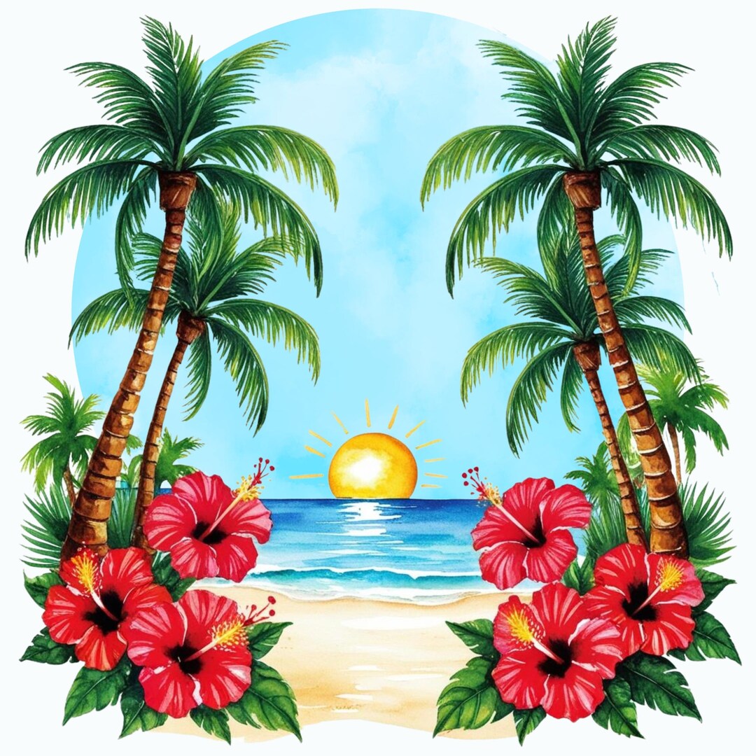 Tropical Beach W/ Hibiscus & Palm Trees, Digital Clipart for T-shirt ...