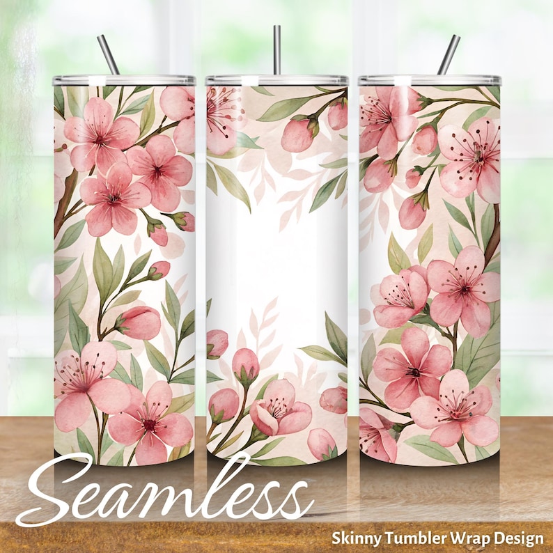 Pink Flower Blossoms Frame, Add Your Own Text, Seamless 20 Oz Skinny ...