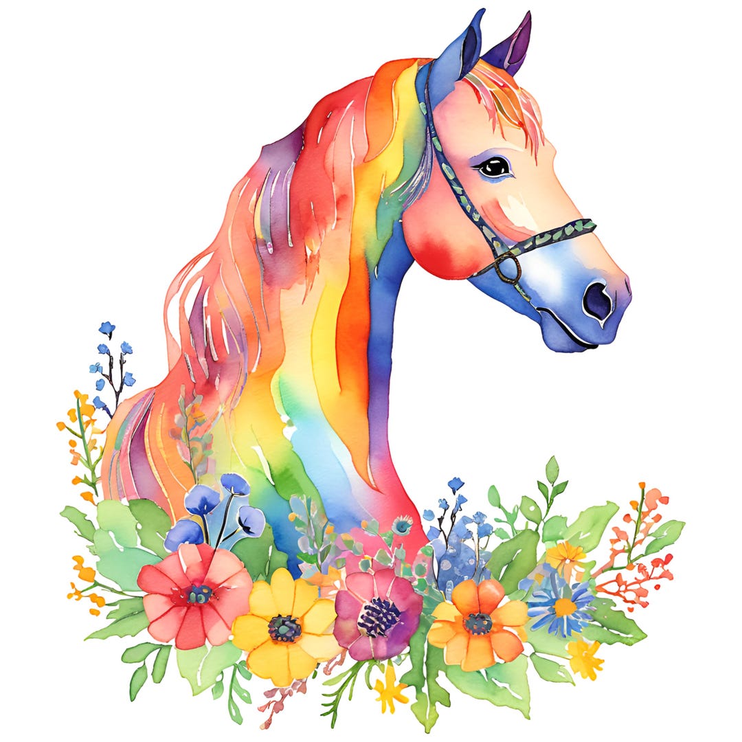 Watercolor Rainbow Colored Horse With Wildflowers, Digital Clipart ...