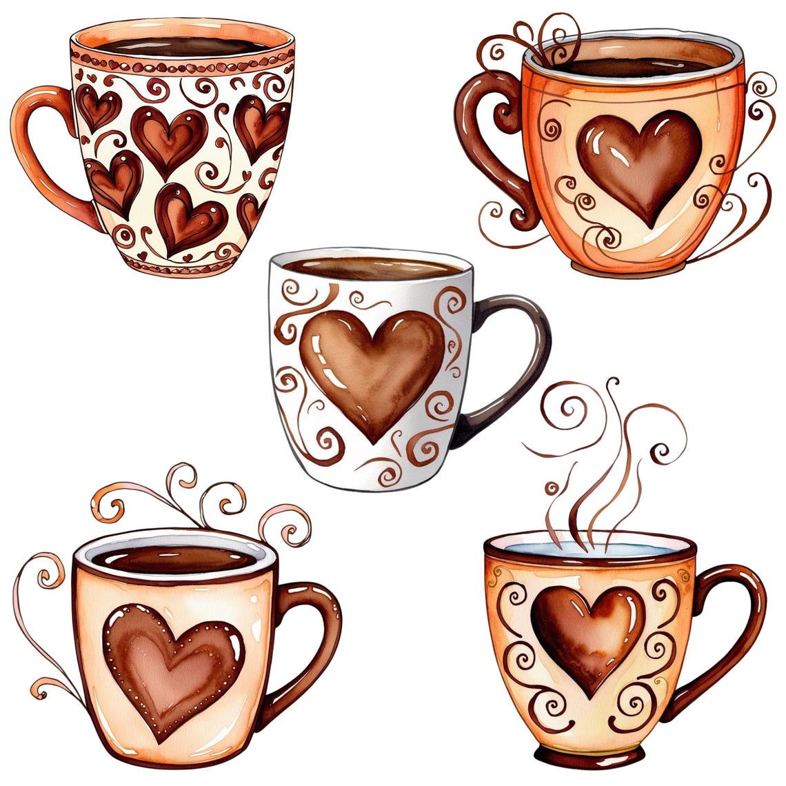 5 Watercolor Cups of Coffee With Hearts, Digital Clipart for Sticker ...