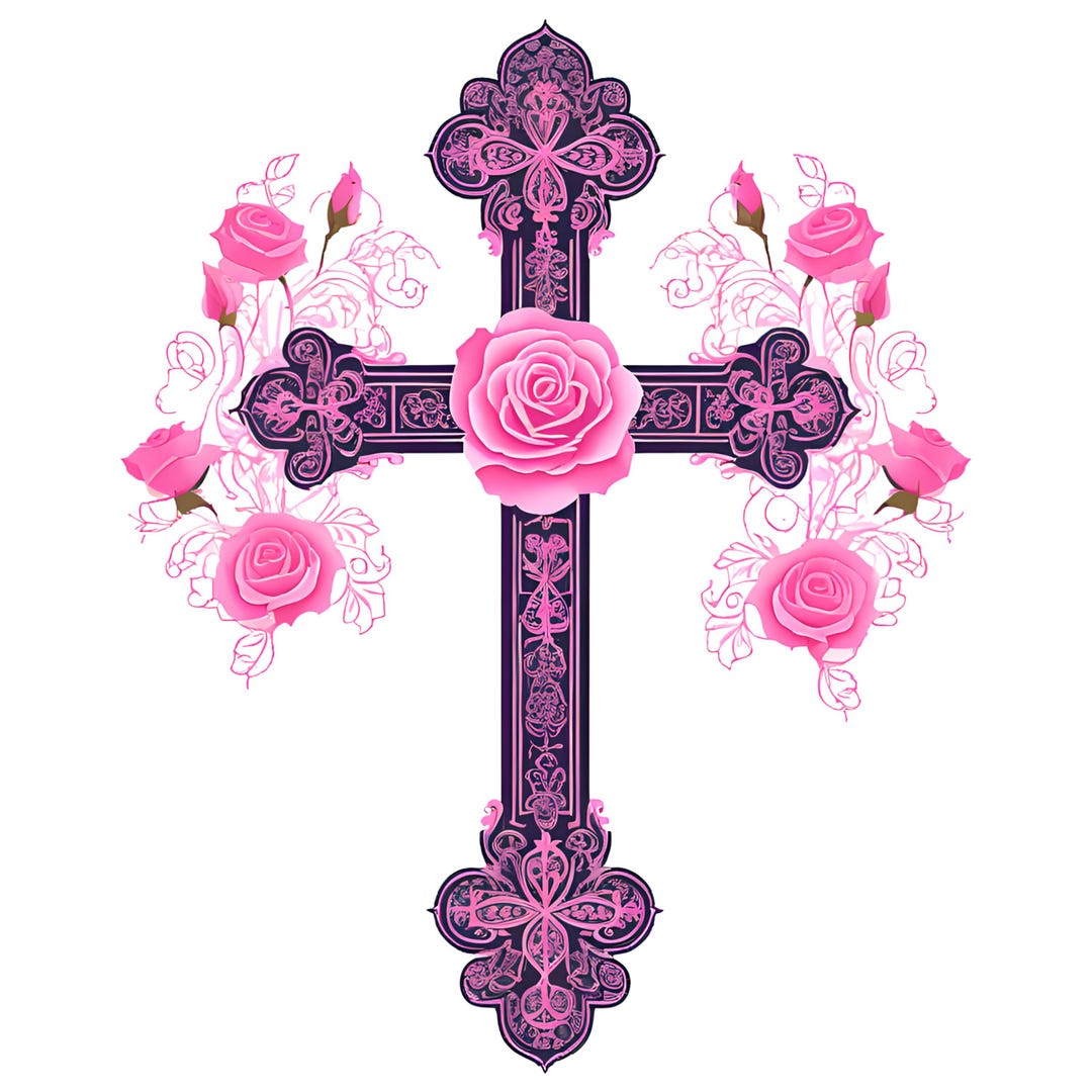Three Pink Christian Cross W/ Pink Roses, 3 Styles, Digital Clipart ...