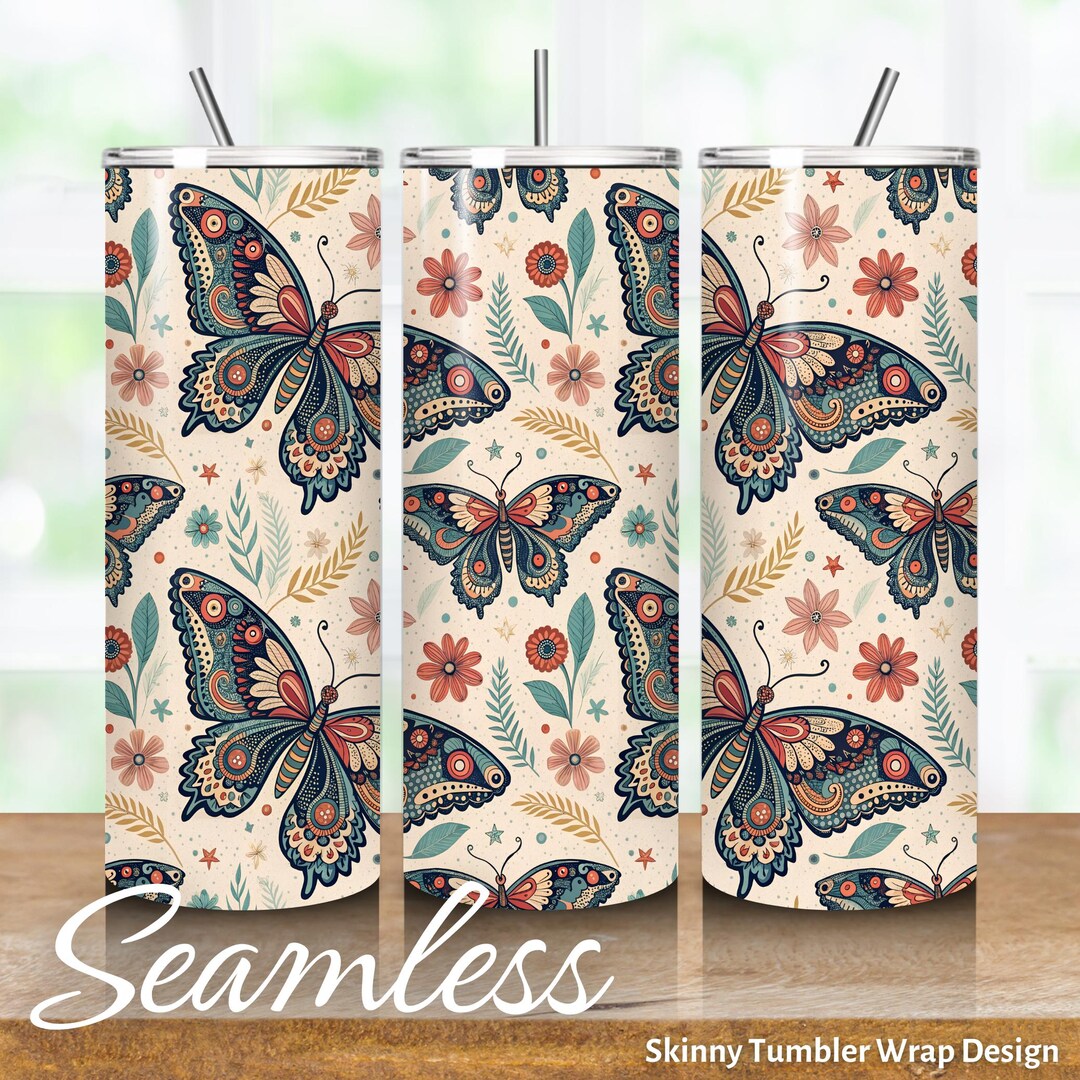 Bohemian Cottage Core Butterflies & Florals, Seamless 20 Oz Skinny ...