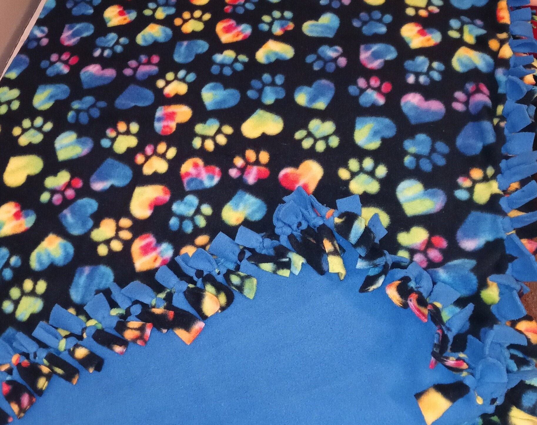 Tie Dye Paw Prints Cozy Double Layered Fleece Tie Blanket Dog Paw ...