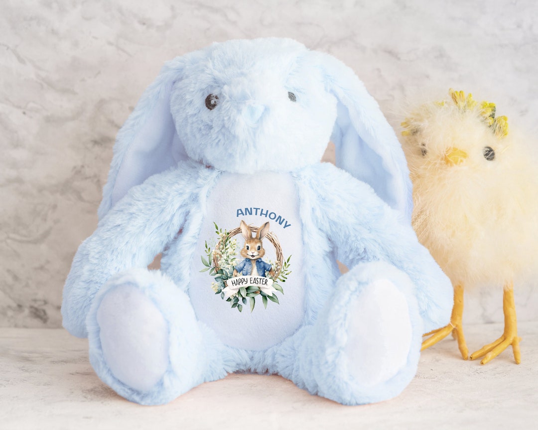 Happy Easter Blue Bunny Plush Toy, Personalised Teddy Bear Easter Gift ...