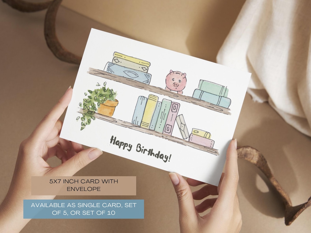 Watercolor Bookshelf Birthday Card - Book Lover Greeting - Etsy