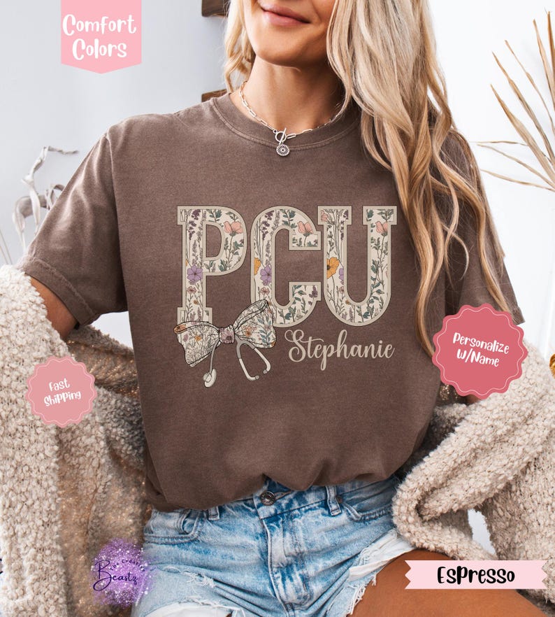 Personalized Floral Nurse Comfort Colors Shirt, Custom PCU Tee With ...