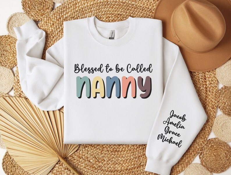 Personalized NANNY Sweatshirt With Grandkid Names on Sleeve, Custom ...