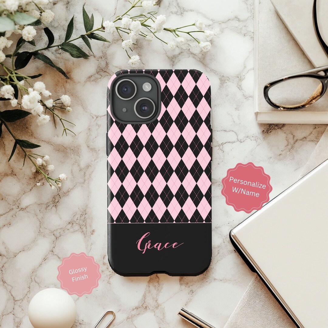 Custom Coquette Aesthetics Phone Case With Name, Argyle Checkered Cell Phone Case, Cute Phone ...