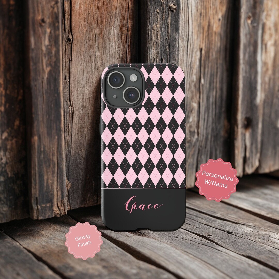 Custom Coquette Aesthetics Phone Case With Name, Argyle Checkered Cell Phone Case, Cute Phone ...