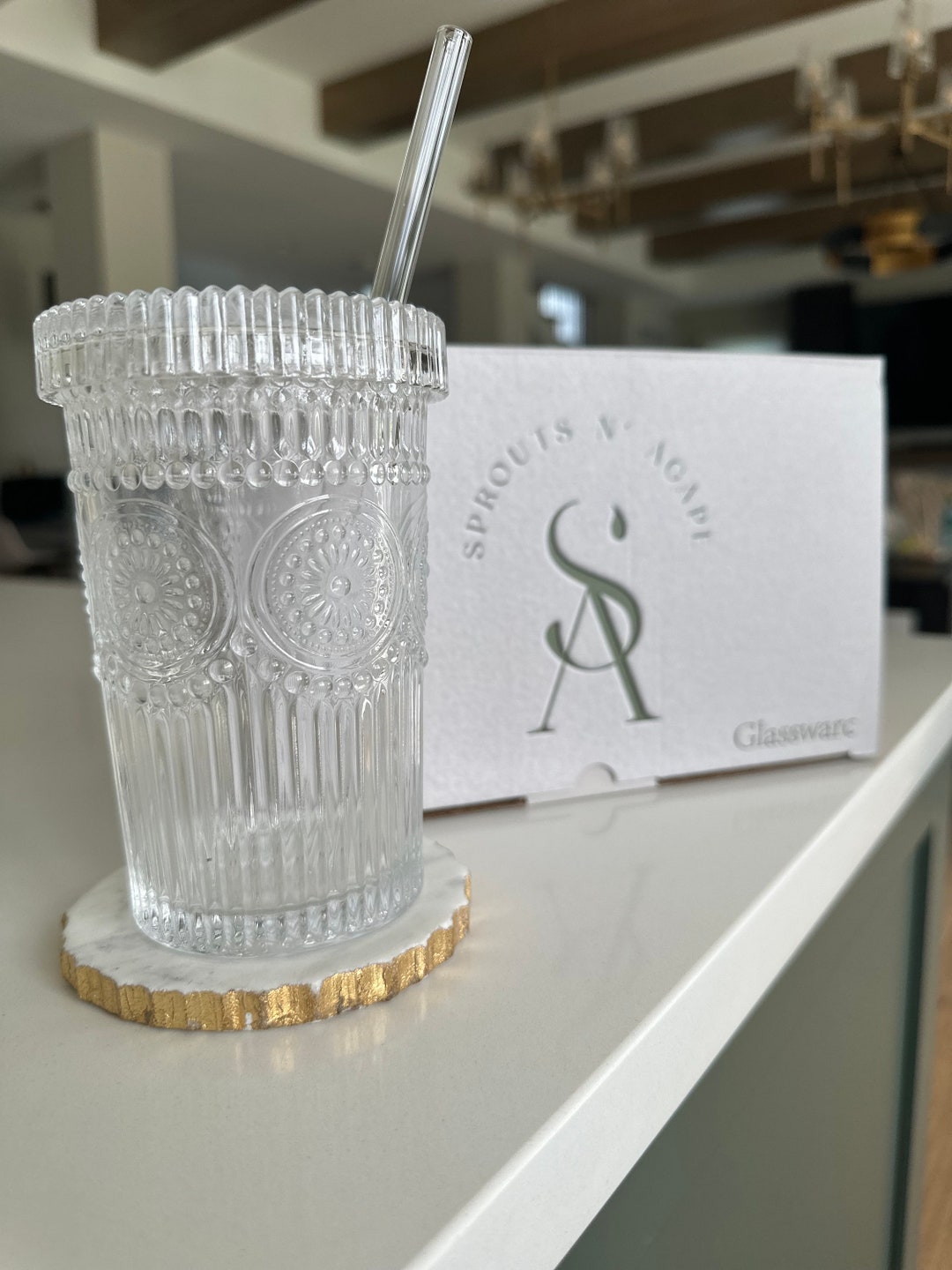 Glass Tumbler With Straw and Lid | Glass Coffee Cup| Retro Sunflower ...