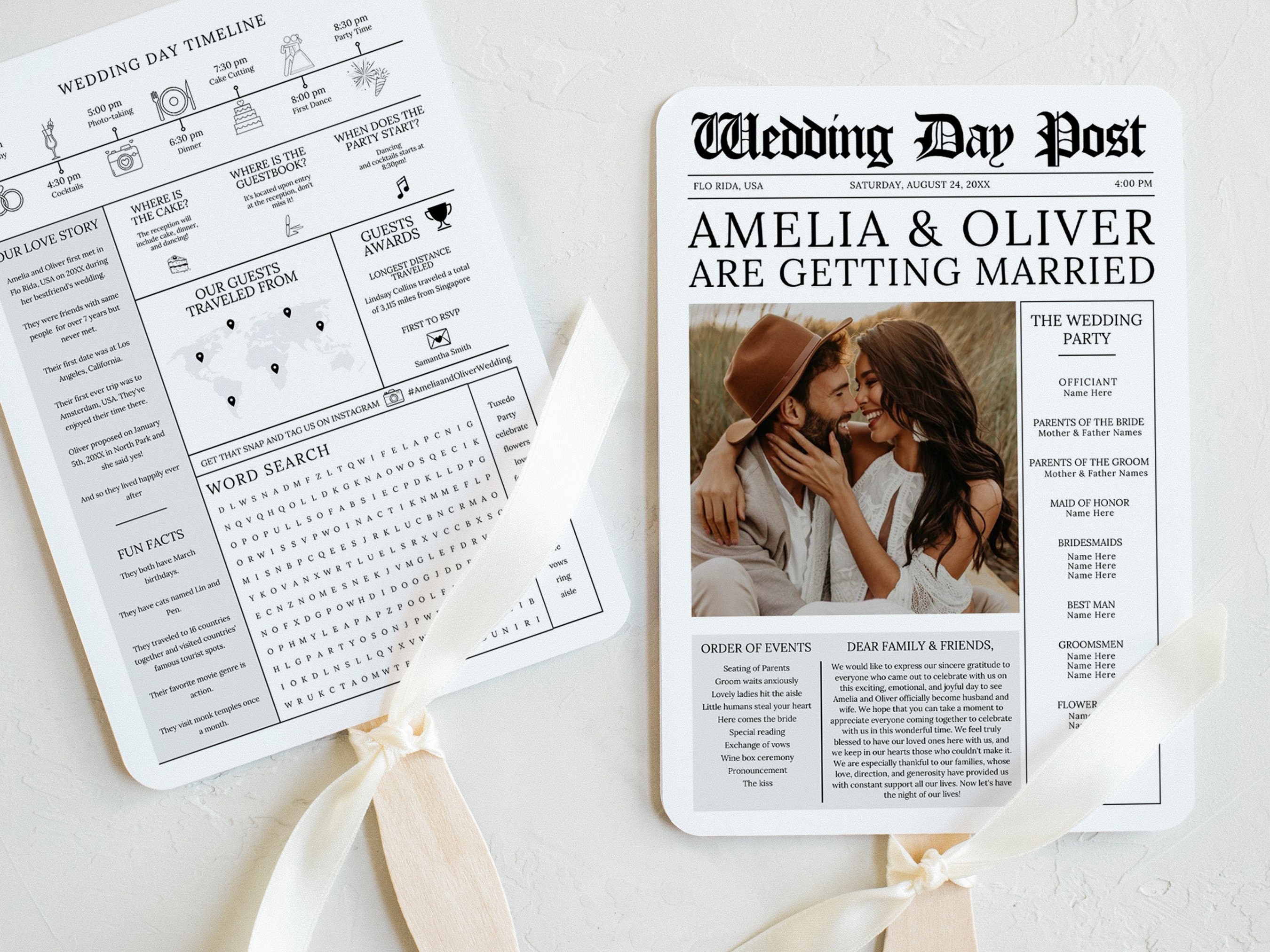 Newspaper Wedding Program Fan With Timeline Canva Editable - Etsy