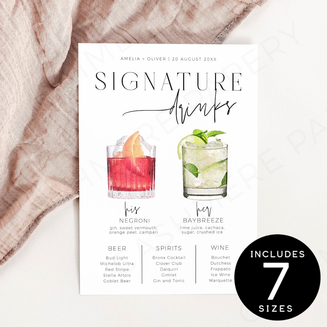 His and Her Drink Menu Wedding, Signature Drink Menu Digital Download ...