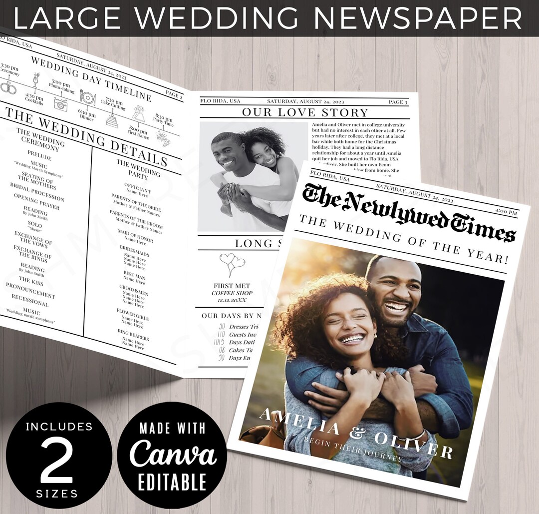 Large Wedding Newspaper, Newlywed Times Infographic Printable Program ...