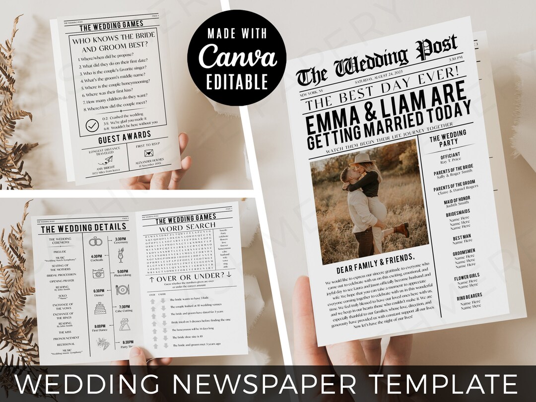 Newspaper Wedding Program Template Canva, Editable Infographic Wedding ...