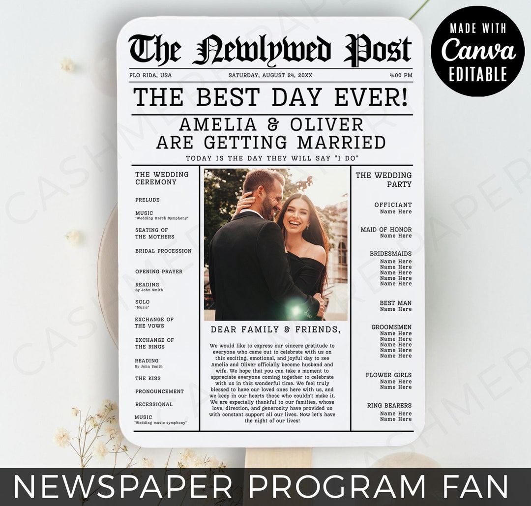 Newspaper Wedding Program Fan, Wedding Day Post Newspaper,wedding Day ...