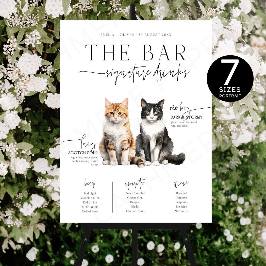 Signature Cocktail Sign With Cats, Custom Pet Drink Menu, Editable His ...
