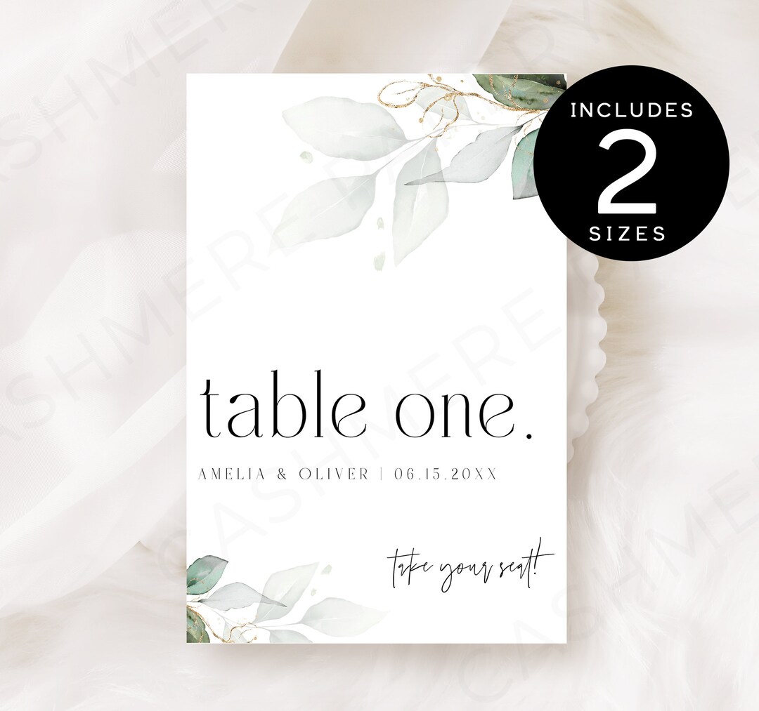 Editable 5x7 4x6 Table Number Template, Eucalyptus Wedding Calligraphy ...