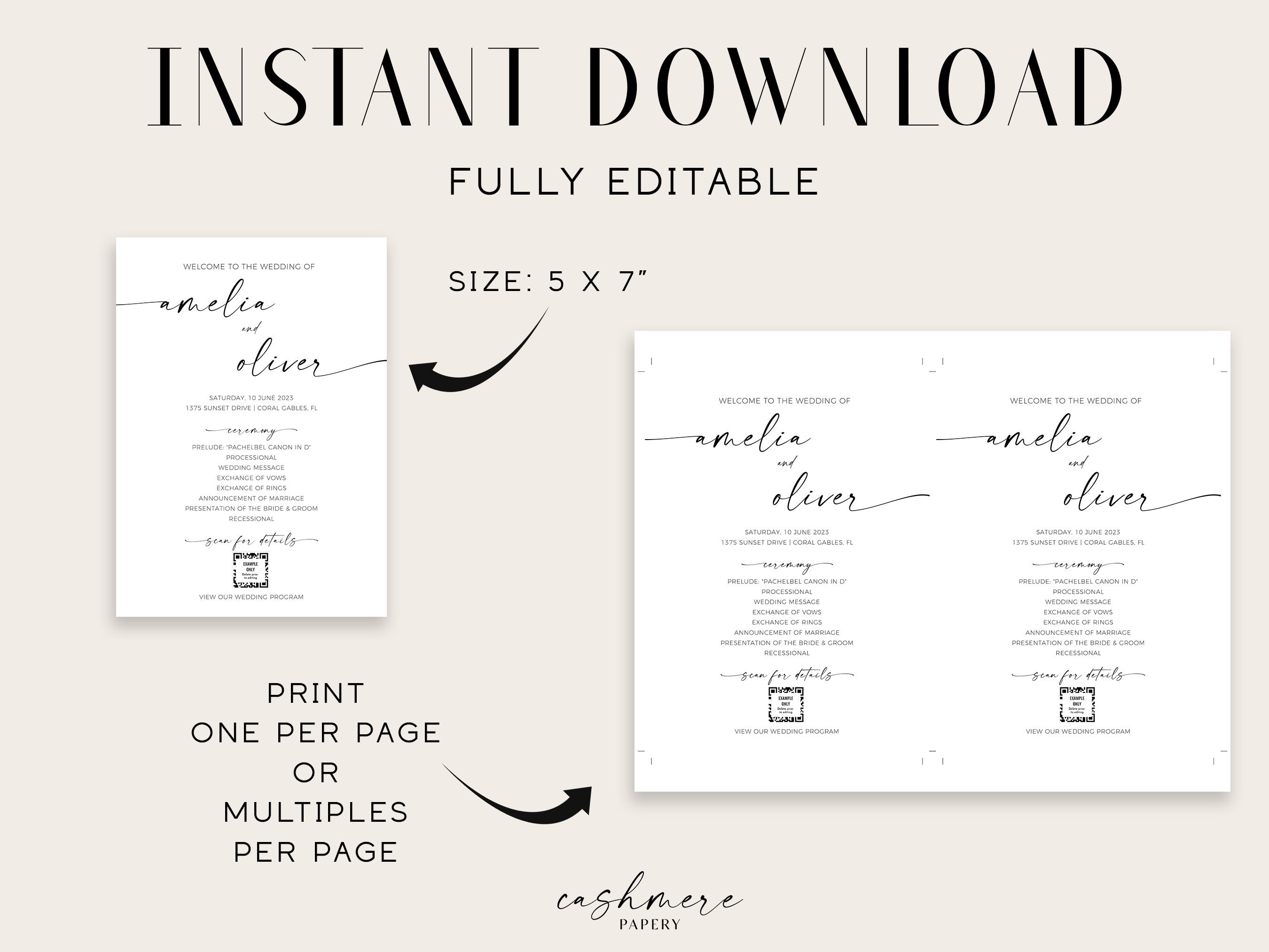 Printable Wedding Program and QR Code Minimalist Wedding Day - Etsy