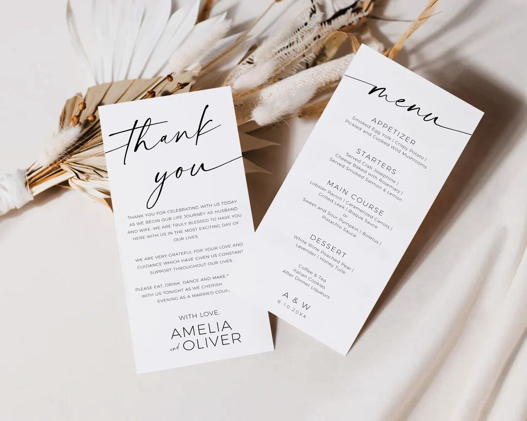 Menu Cards Wedding Minimal Place Setting, Menu Place Card Thank You ...