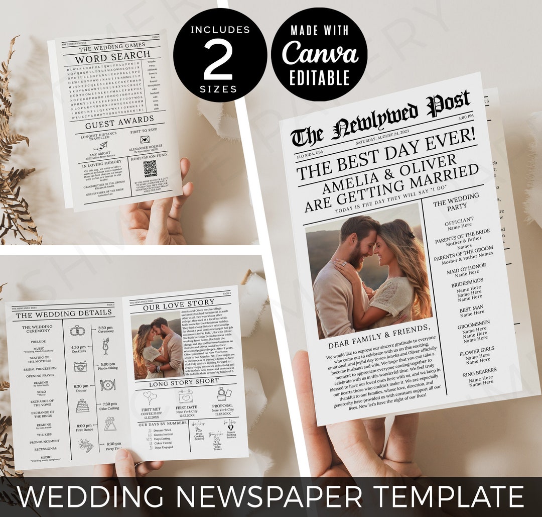 Foldable Wedding Program, Newspaper Ceremony Timeline Template Canva ...