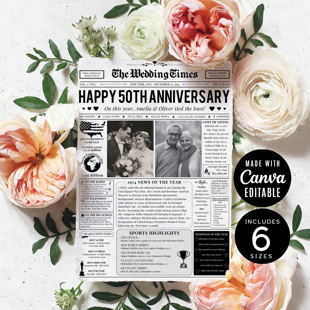 50th Anniversary Newspaper, Gift for Parents Golden Anniversary Wedding ...