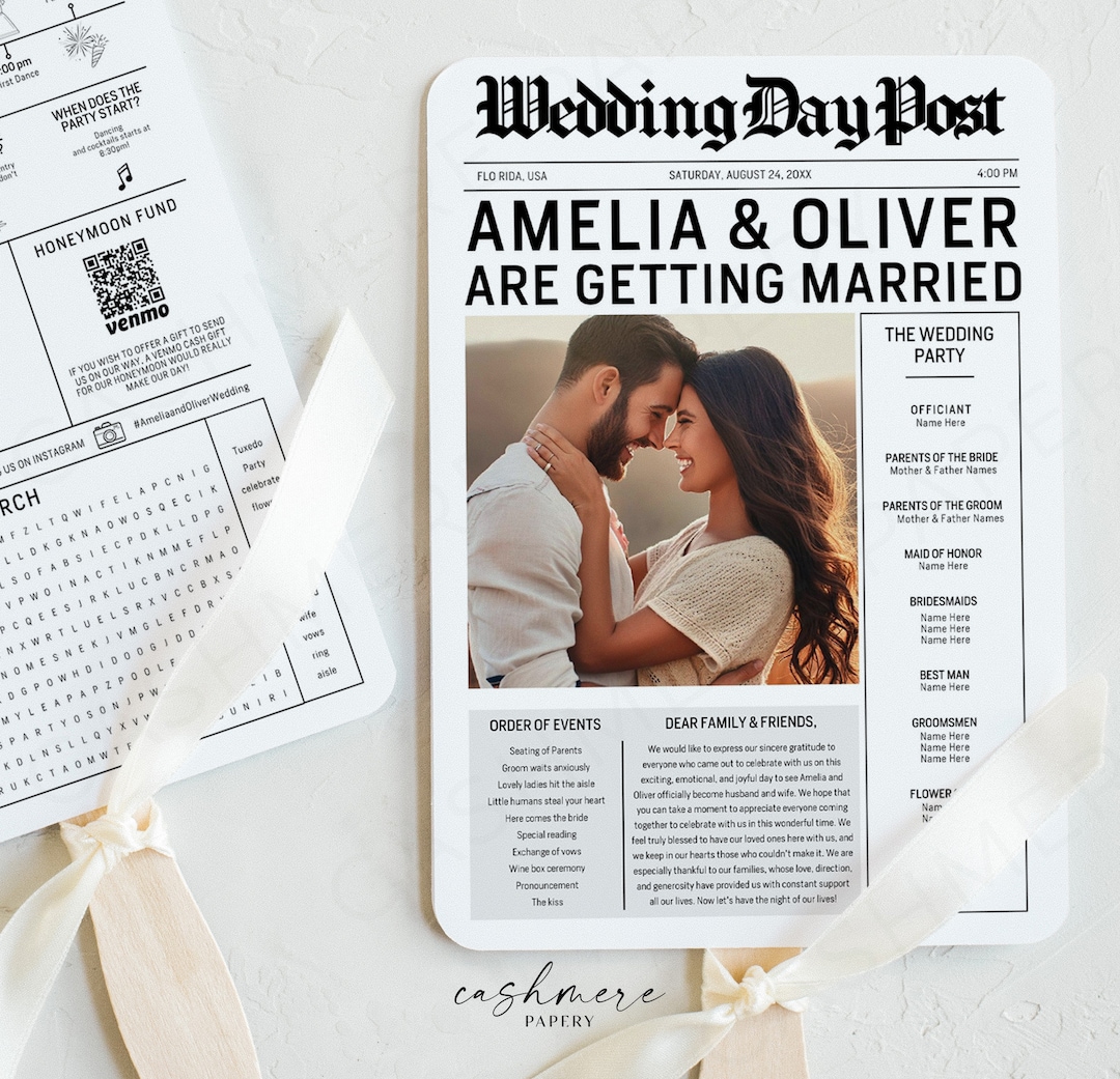 Wedding Fan Template Canva, Wedding Ceremony Editable Newspaper Program ...