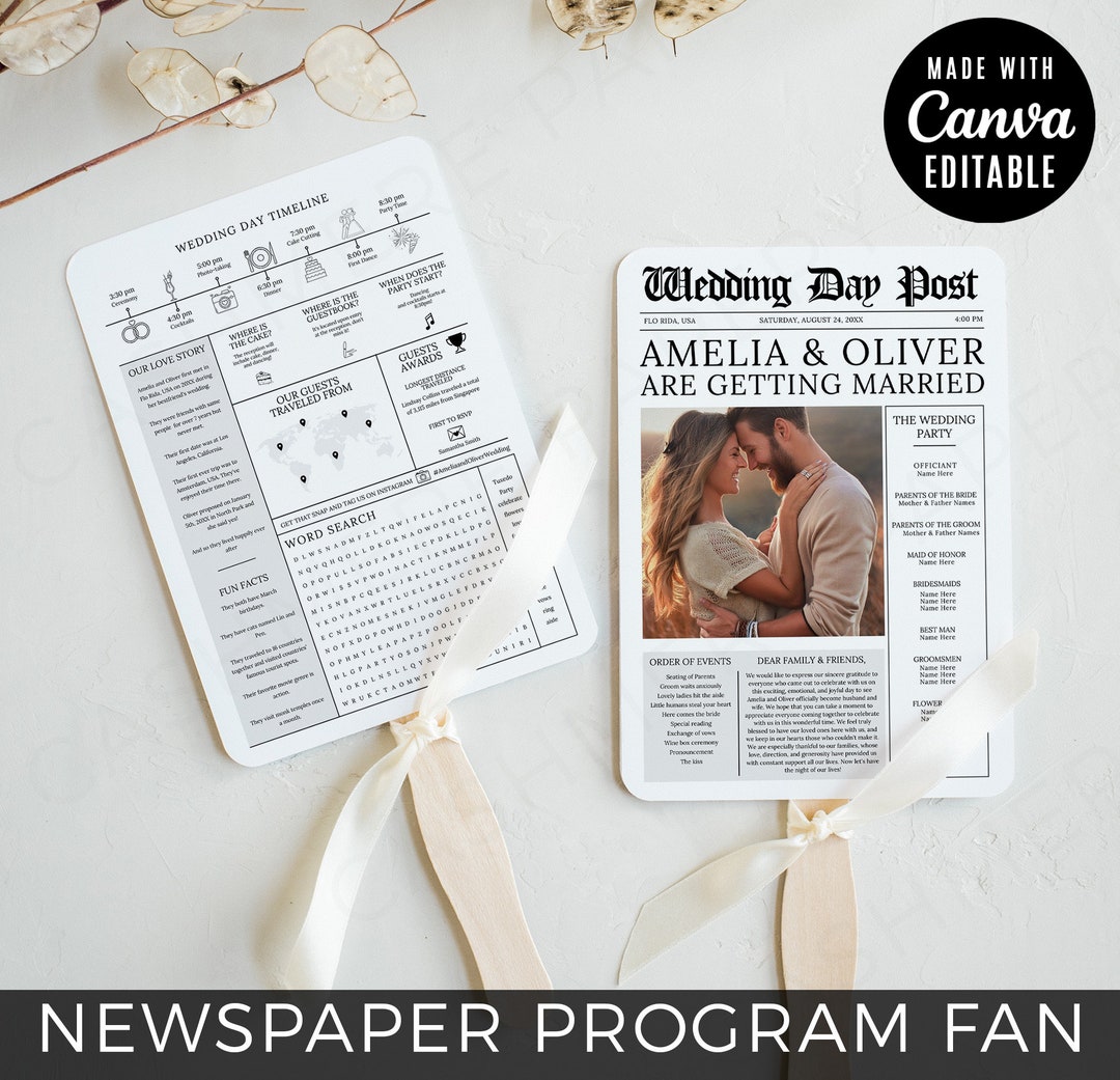 Newspaper Wedding Program Fan With Timeline | Canva Editable Ceremony ...