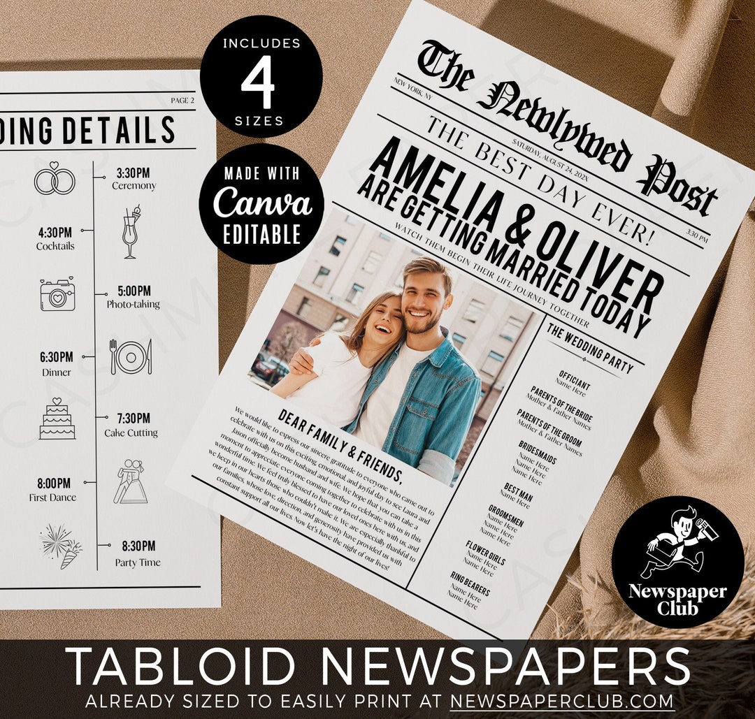 Fun Wedding Program Infographic, Wedding Newspaper Editable Canva ...