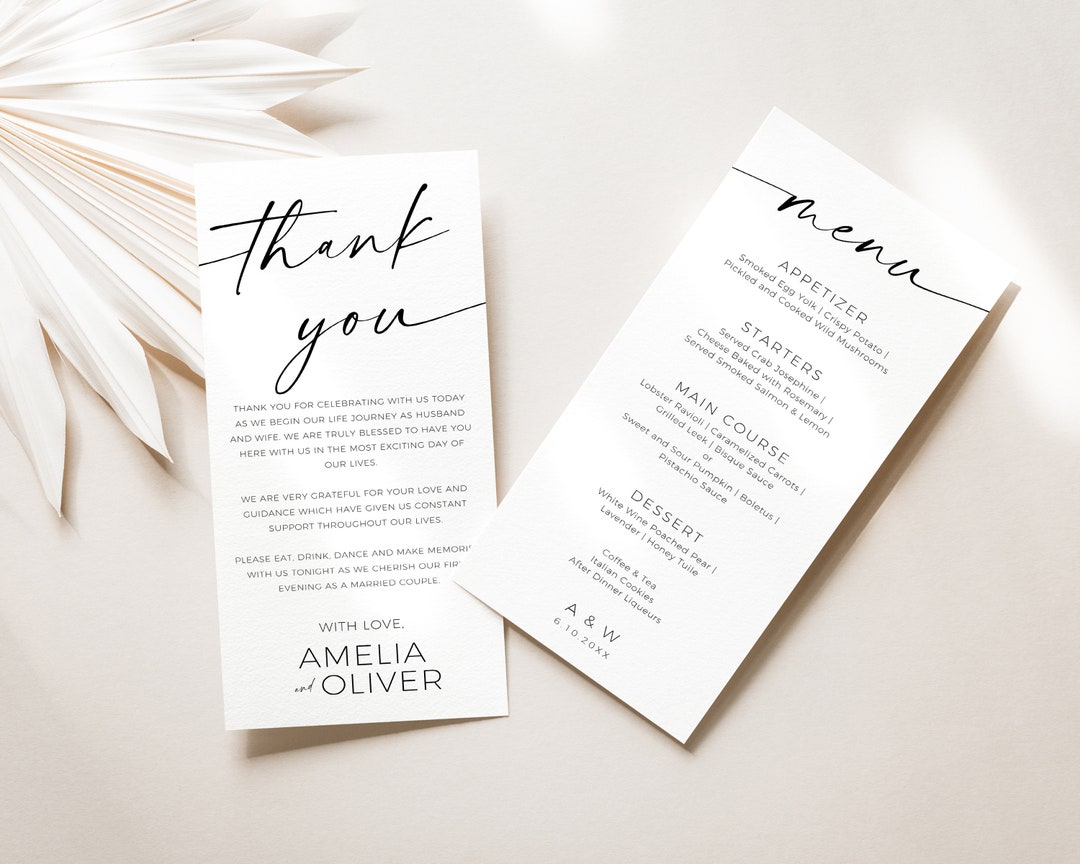 Wedding Menu and Place Cards Set, Minimal Menu Cards Wedding for Place ...