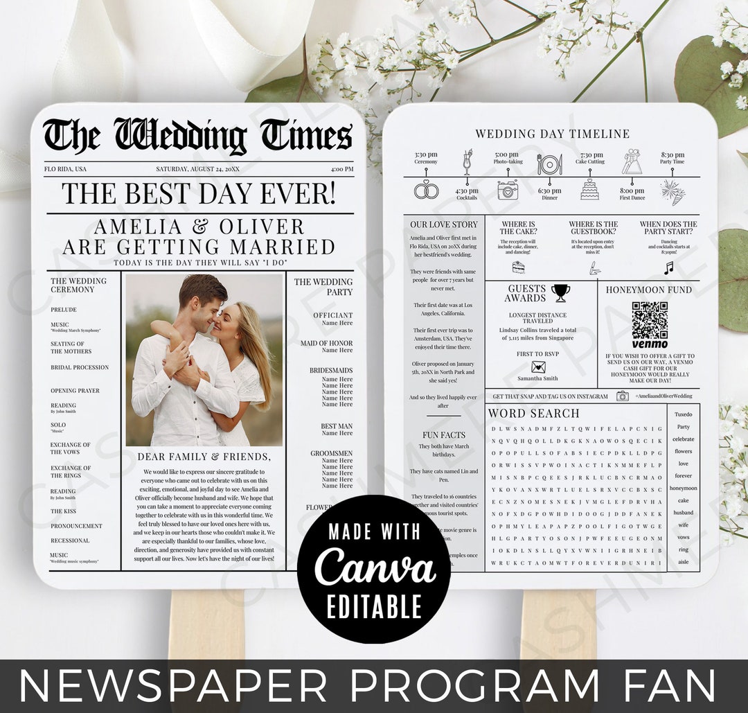 Wedding Newspaper Fan, Newspaper Wedding Program Fan With Timeline ...