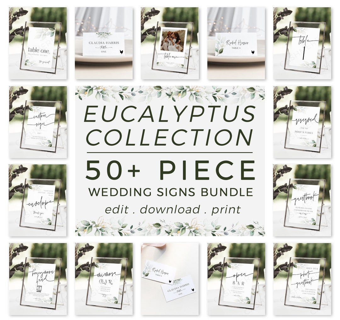 Eucalyptus Collection 50 Wedding Sign Bundle, Editable Table Number ...
