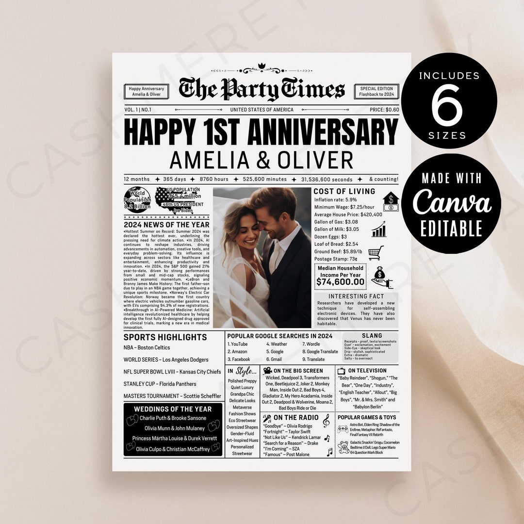 First Wedding Anniversary Newspaper, New Mr and Mrs 2025 Anniversary ...