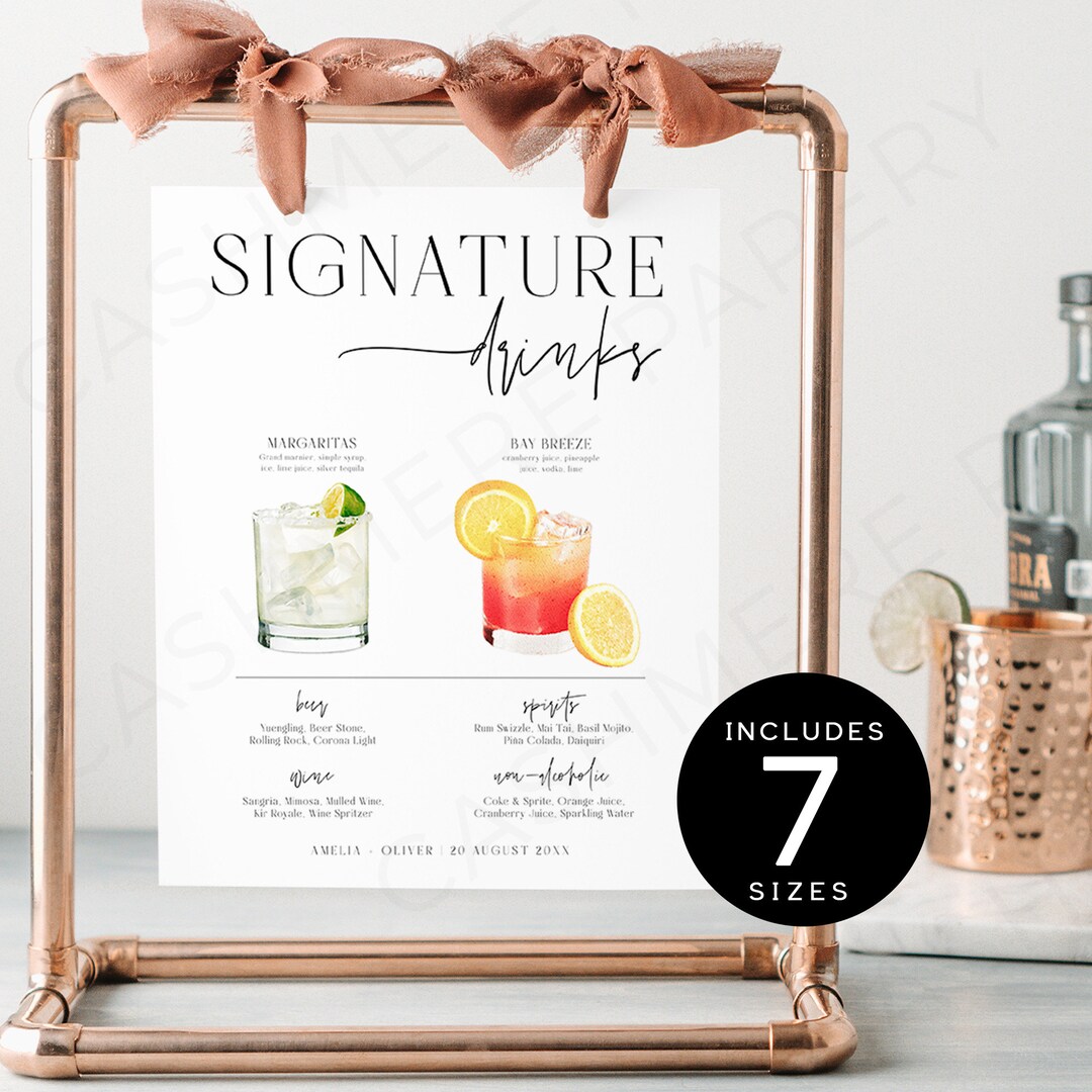 Single Signature Drink Sign, Wedding Bar Menu Editable Signs Template ...