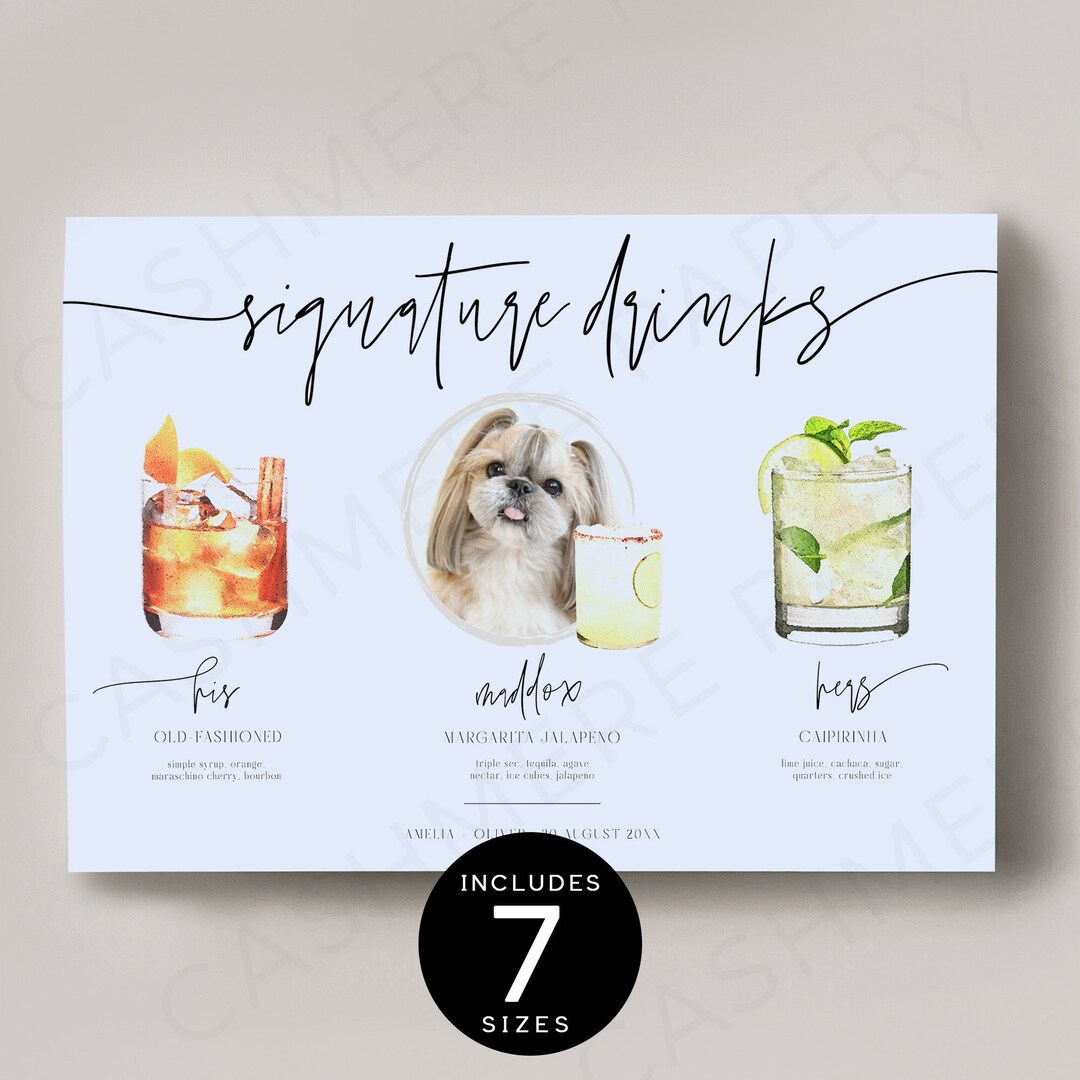 Wedding Drink Menu Dogs, Custom Signature Cocktails Sign Template With ...
