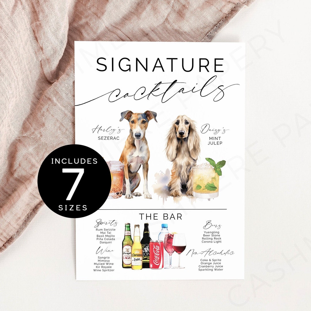 Signature Drink Wedding Sign With Dogs, Wedding Bar Menu Dog Template ...