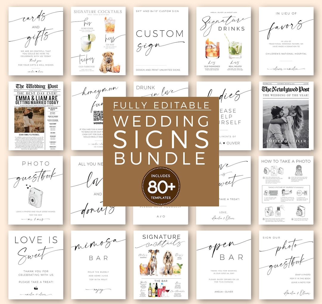 Modern Minimalist Wedding Signs Bundle, 80 Reception Table Signs Set ...