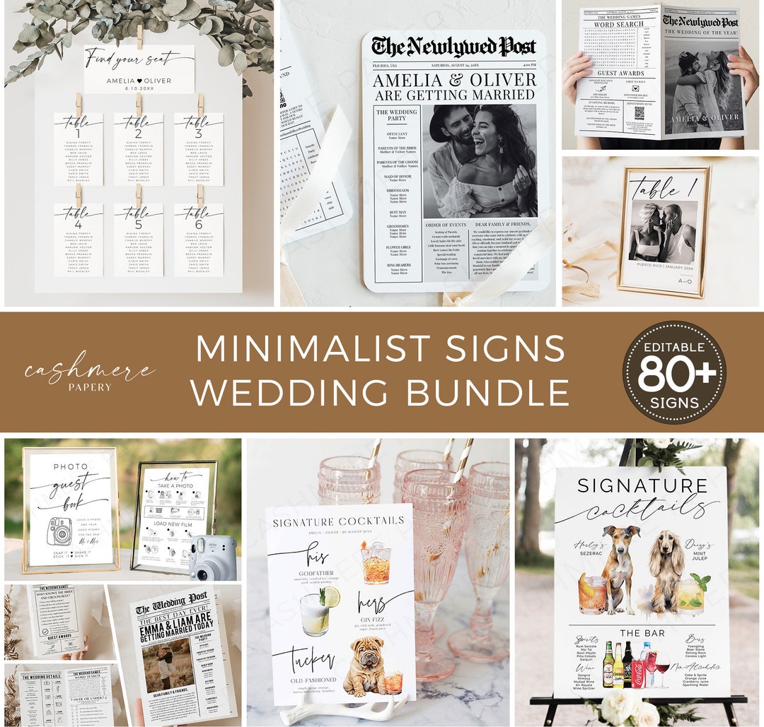 Minimal Wedding Sign Bundle, Wedding Reception Table Signs 80 Templates ...