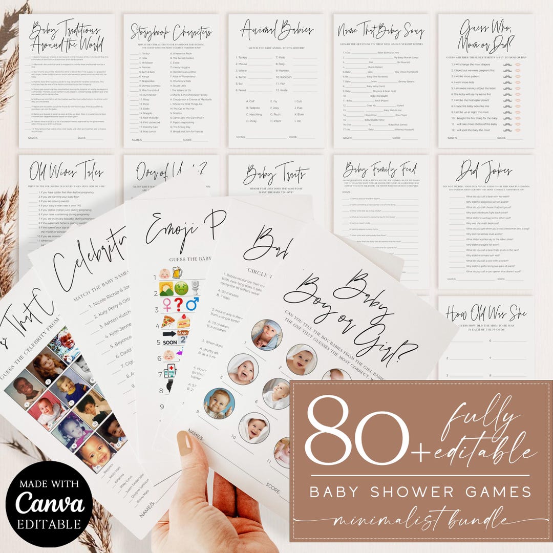 Fully Editable Baby Shower Games Bundle, 80+ Minimal Printable Baby ...