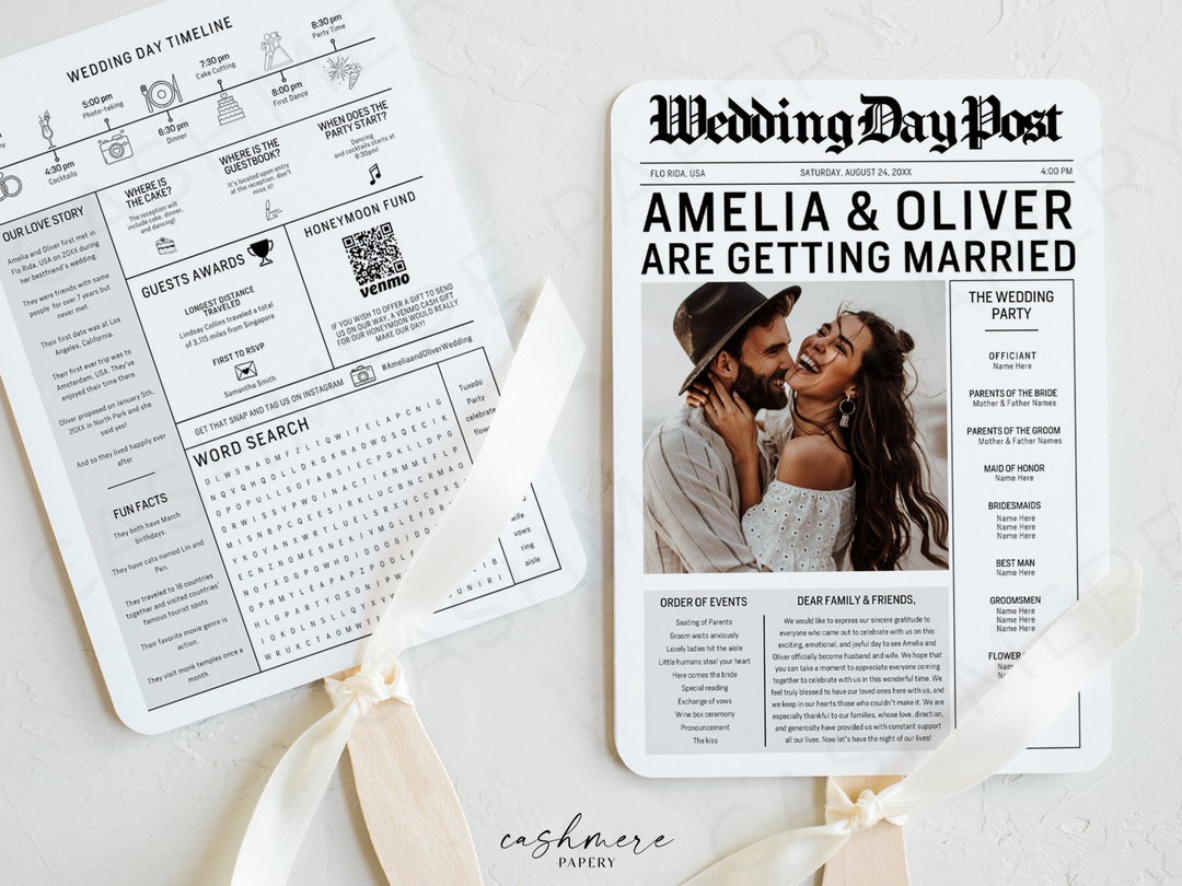 Wedding Fan Template Canva, Wedding Ceremony Editable Newspaper Program ...