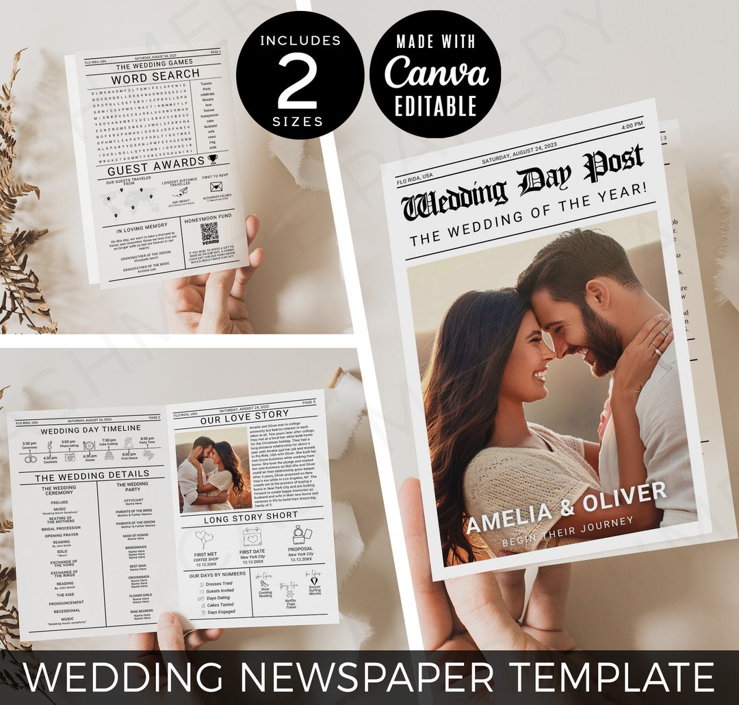 Wedding Newspaper Canva Template, Editable Infographic Wedding Program ...