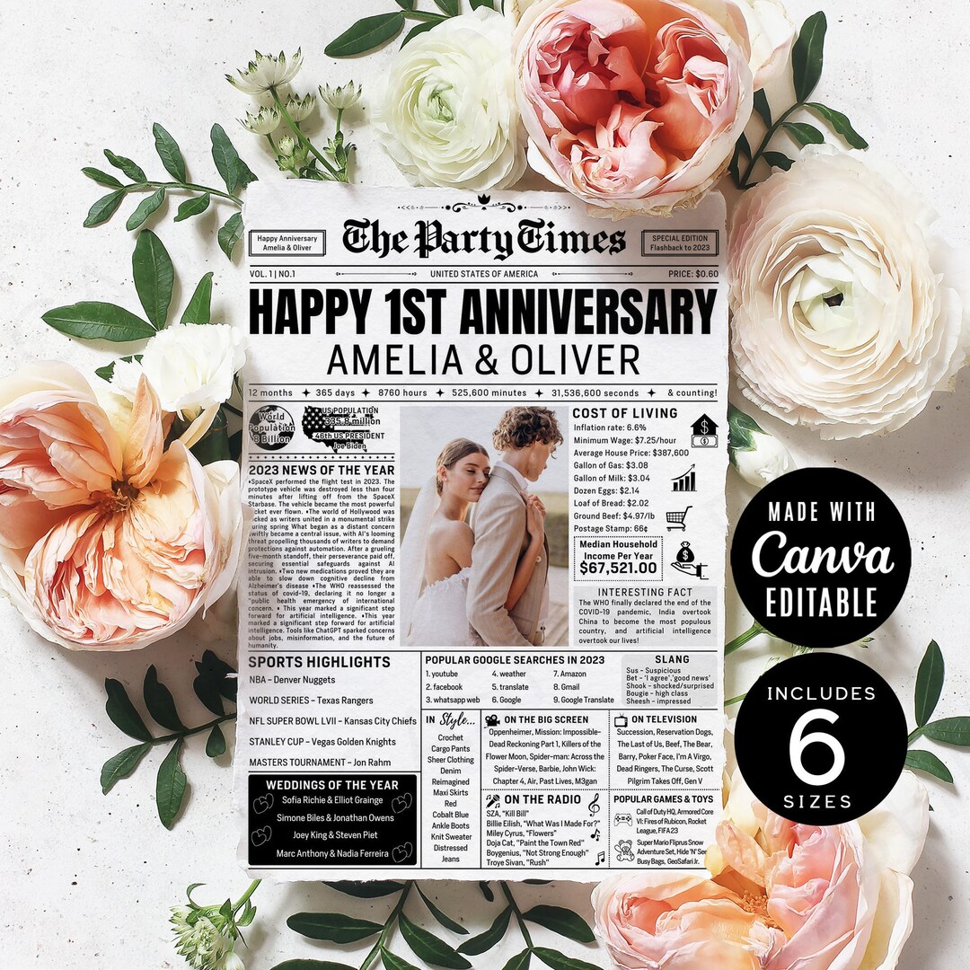 Newspaper Wedding Anniversary 1st Year of Marriage Custom Wedding ...