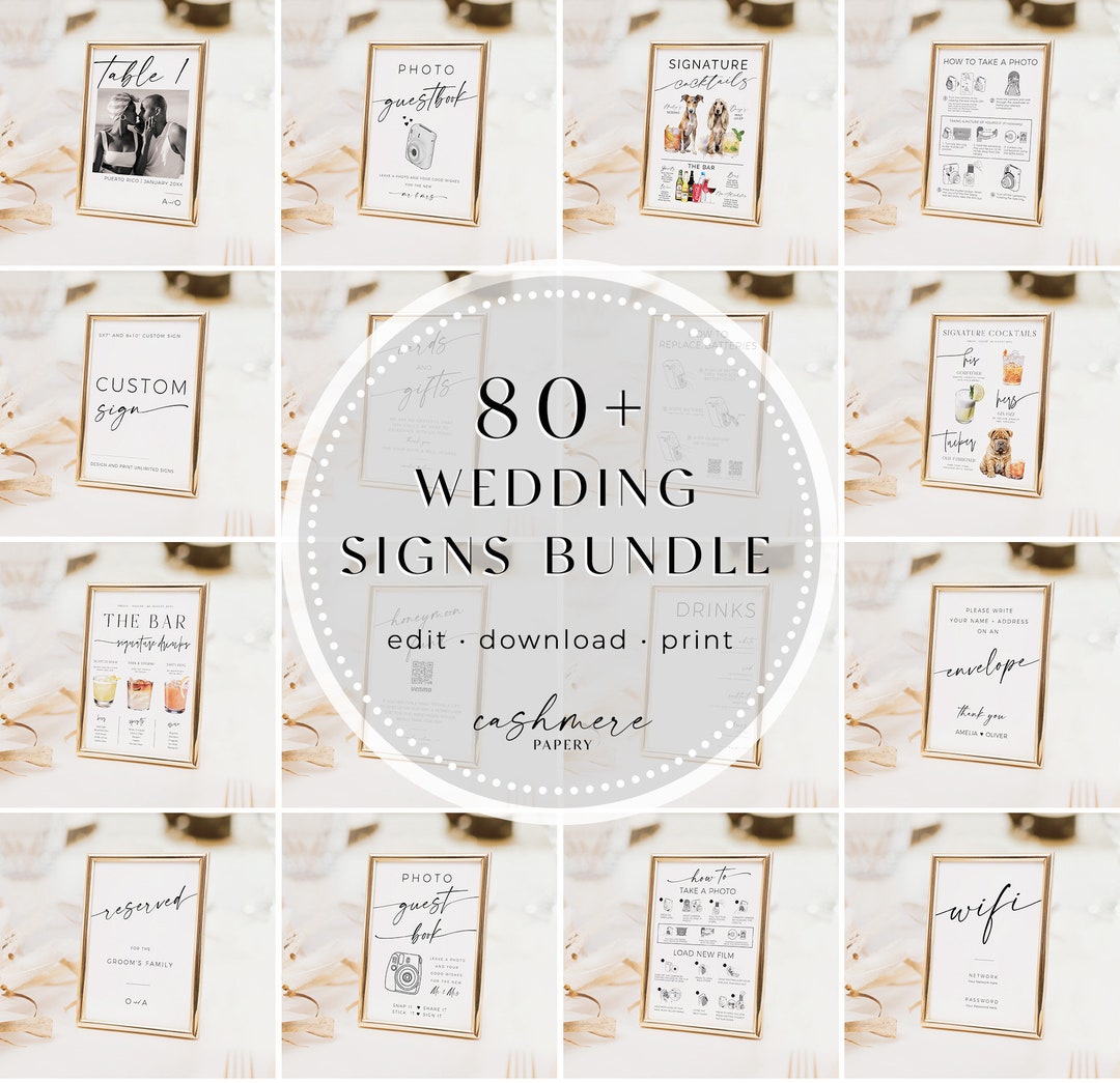 Editable Modern Wedding Sign Bundle, Custom Photo Reception Signs 80 ...