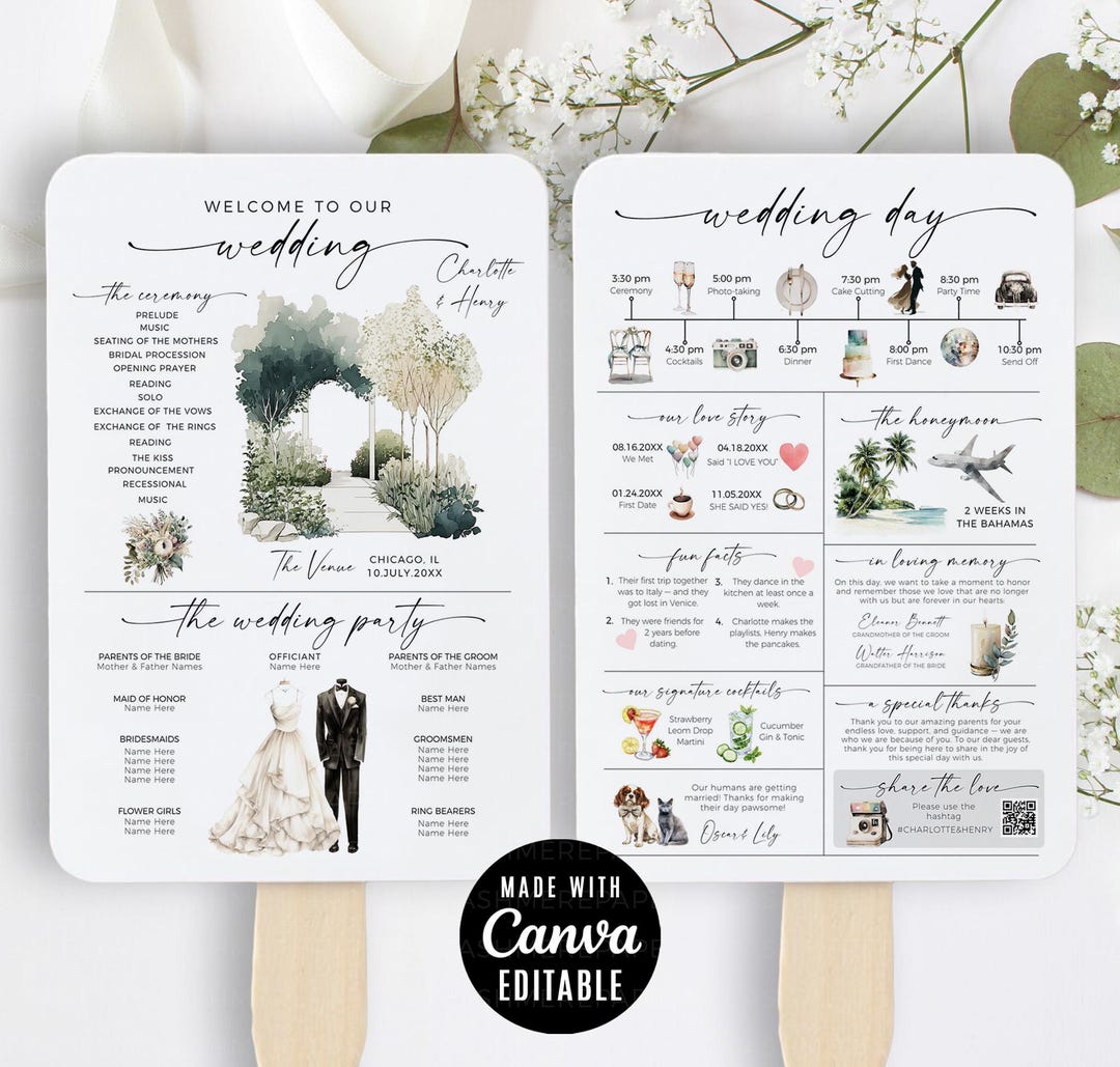 Wedding Fans With QR Code, Editable Infographics Ceremony Schedule Fans ...