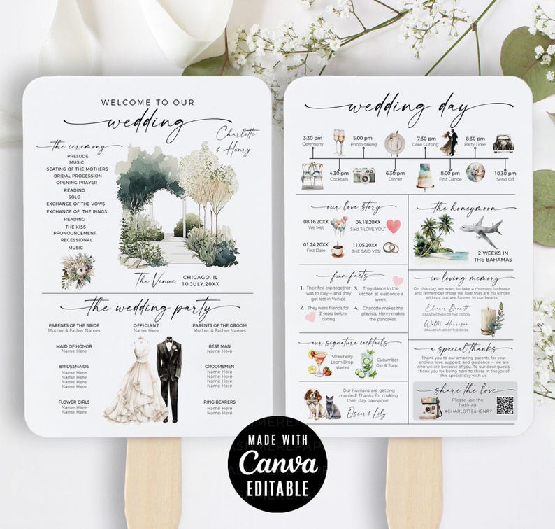 Wedding Fans With QR Code, Editable Infographics Ceremony Schedule Fans ...
