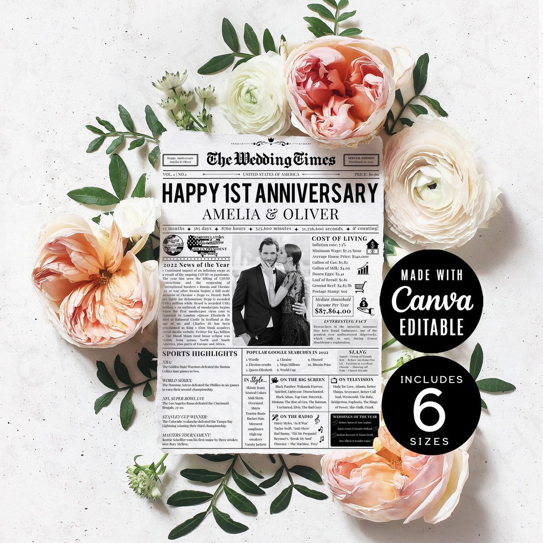 Couples 1st Year Anniversary Newspaper Poster, First Year Wedding ...