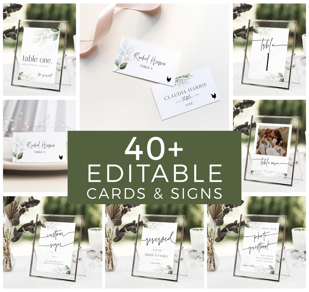 Eucalyptus Wedding Signs and Table Number Bundle, 40 Sign Bundle, Place ...