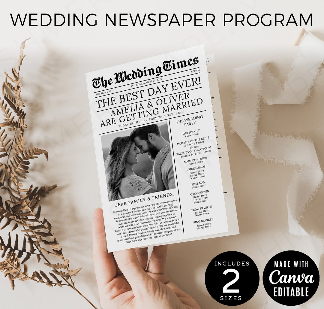 Newspaper Wedding Program Foldable | 4 Page Canva Template | Wedding ...