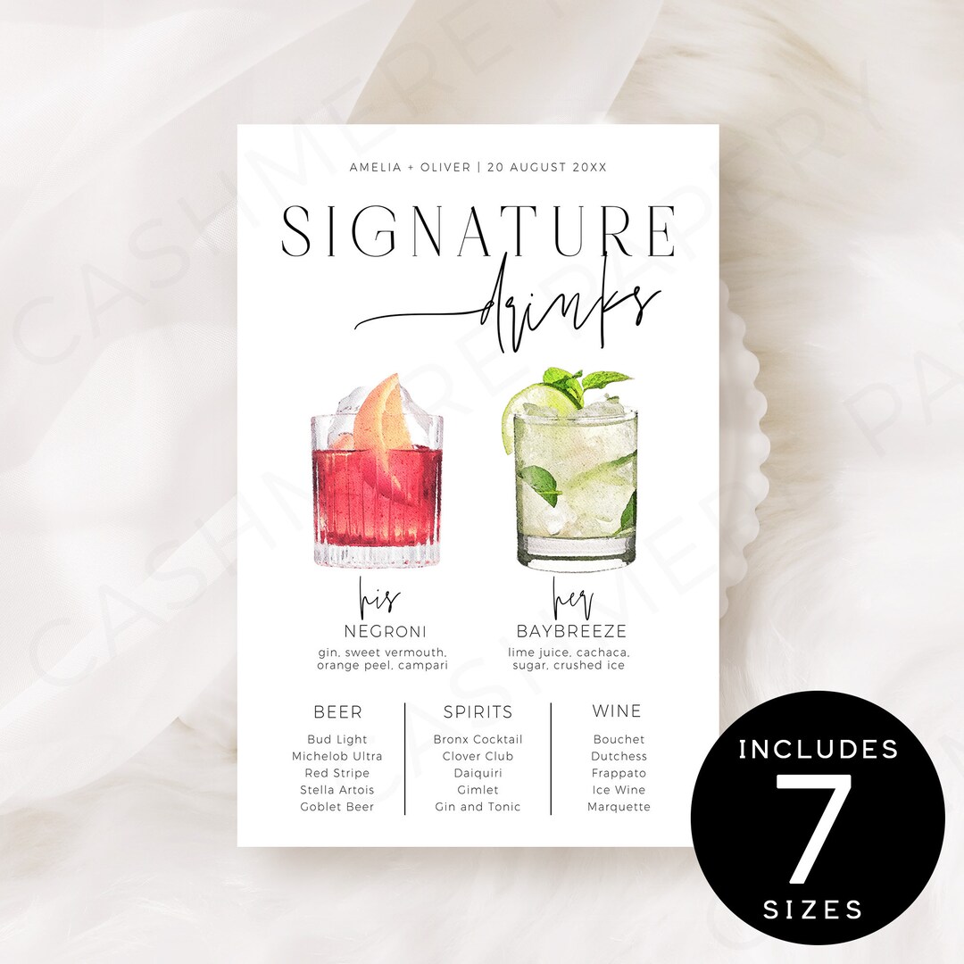 Modern Bar Menu His and Hers Signature Drinks, Wedding Open Bar Menu ...