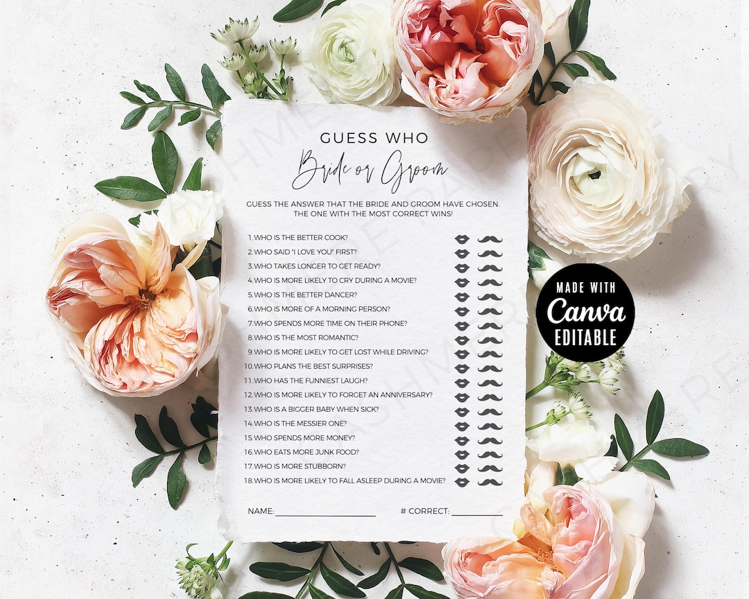 Guess Who Bride or Groom Game, Modern Black Script Bridal Shower Games ...