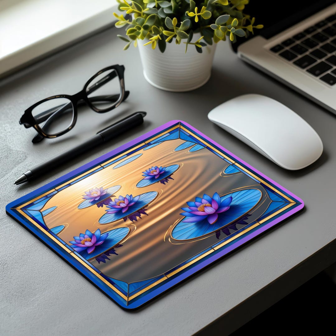 Faux Stained Glass Mouse Pad | Blue Lotus Mouse Pad | Unique Desk ...